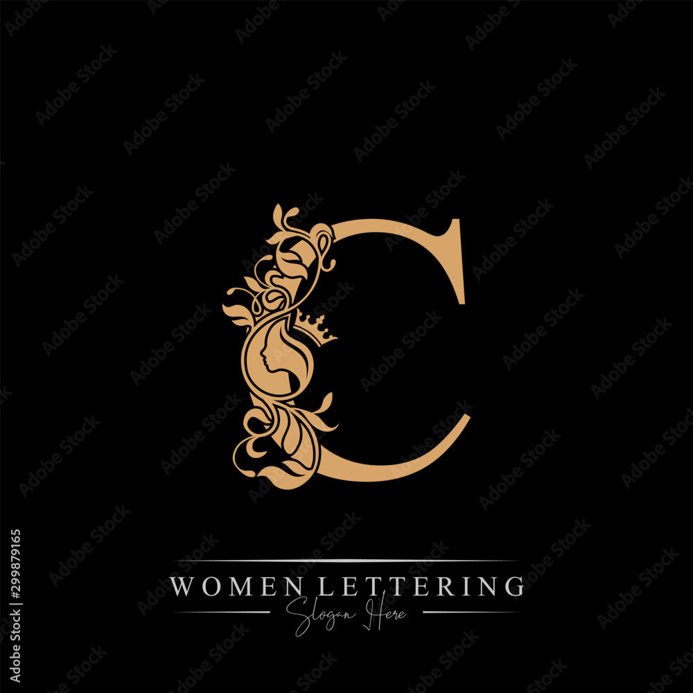 Initial letter Luxury C logo with beautiful woman portrait. Leaf ...