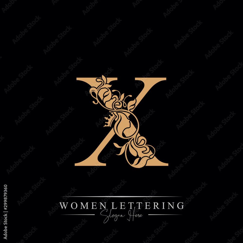 Initial letter Luxury X logo with beautiful woman portrait. Leaf ...