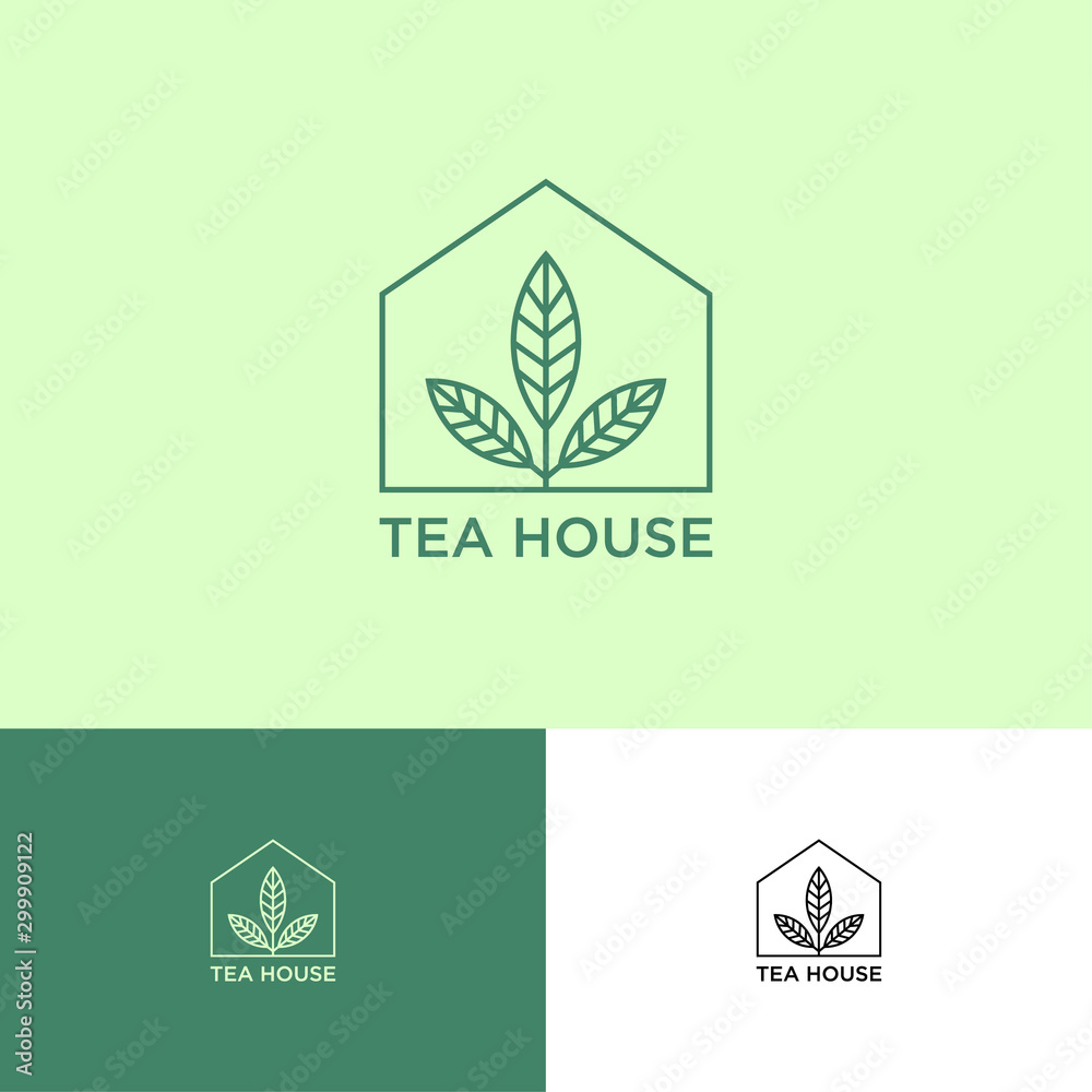 Tea House logo. Tea shop emblem. Green Leaves into small house on a ...