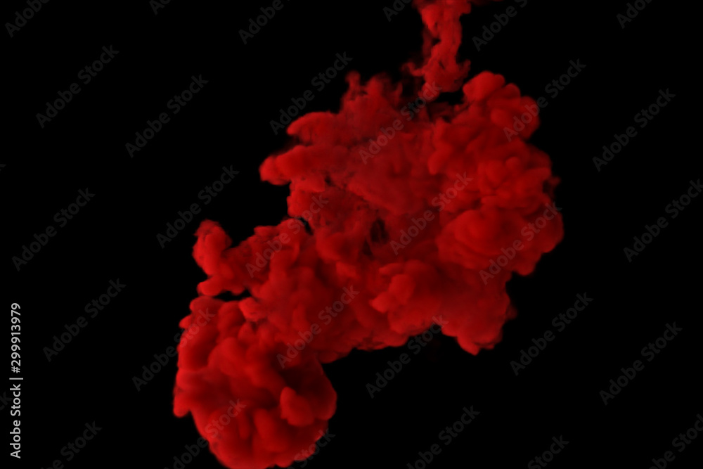 Red ink burst in slow motion on isolated black background. 3d ...