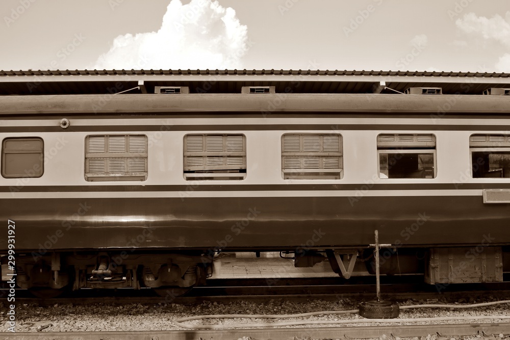 Side view of old vintage bogie of diesel electric locomotive train on ...
