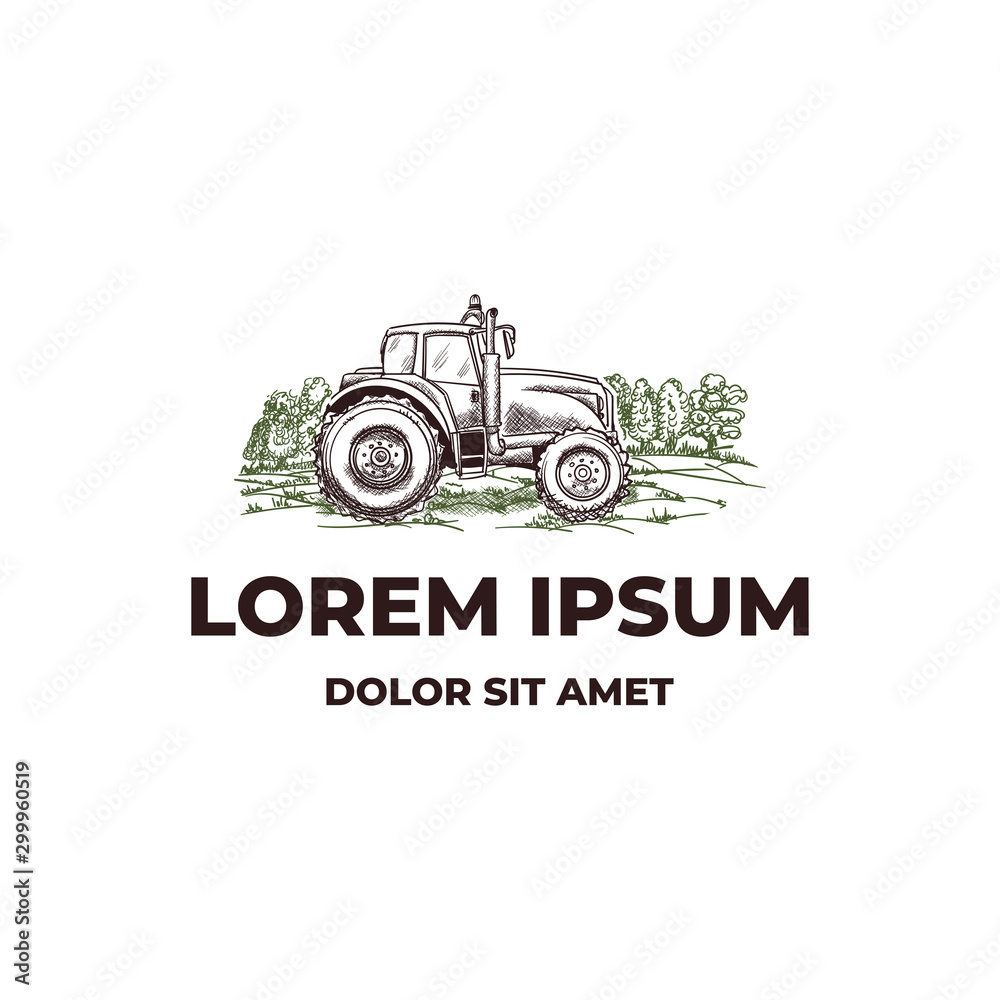 Vintage old tractor in the middle of farm field - logo hand drawn ...