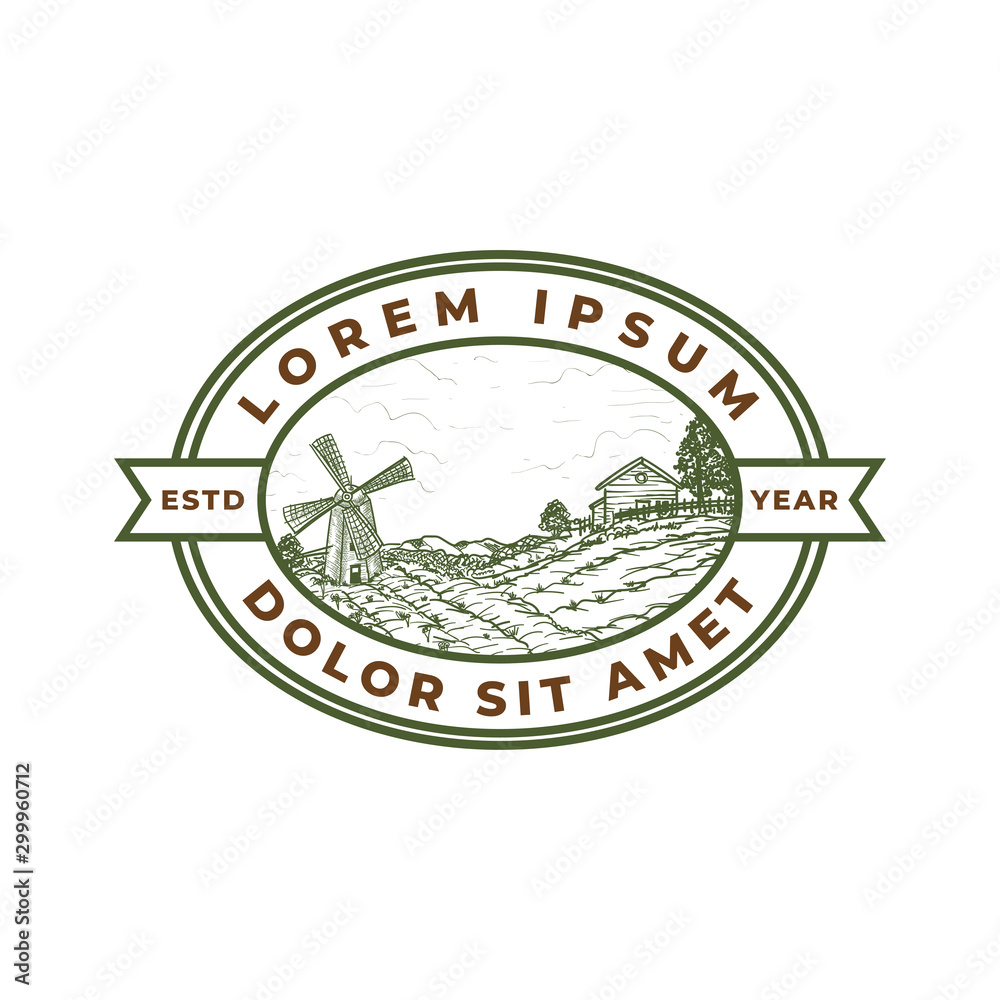Farm field with windmill and barn - logo label hand drawn template ...
