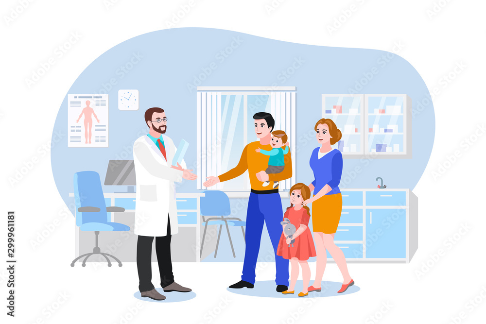 Family doctor with patients in hospital office. Vector flat cartoon ...