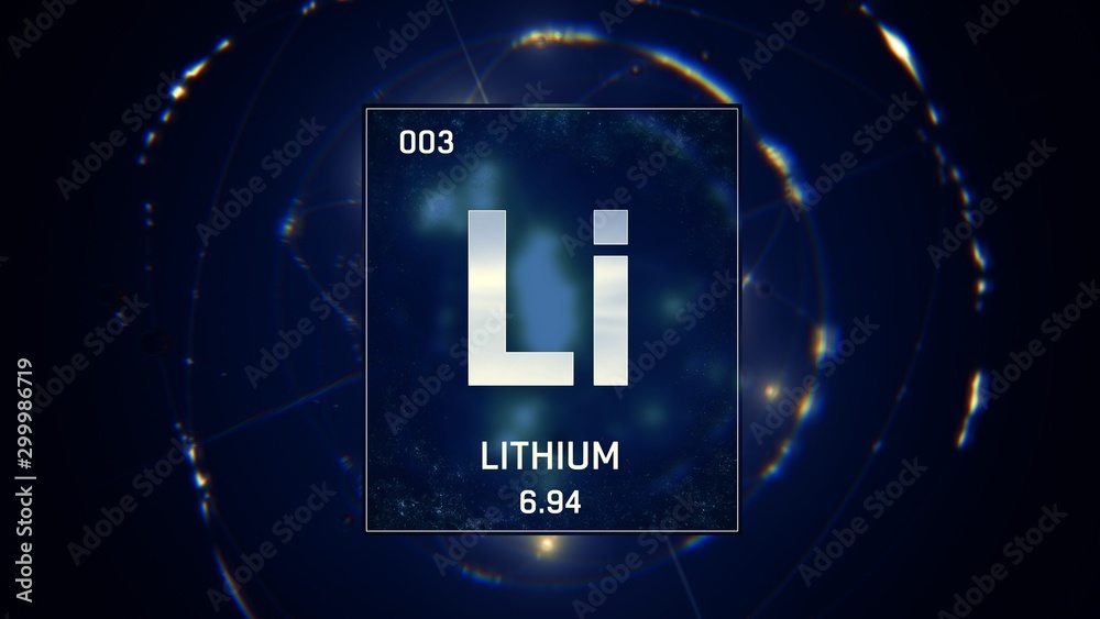 3D illustration of Lithium as Element 3 of the Periodic Table. Blue ...