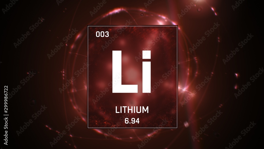 3D illustration of Lithium as Element 3 of the Periodic Table. Red ...
