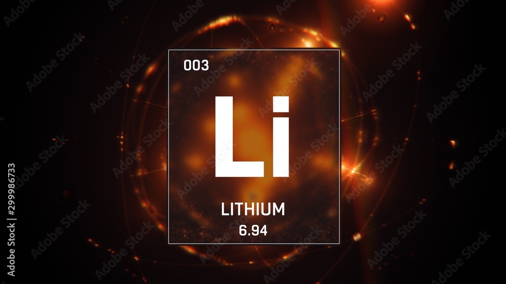 3D illustration of Lithium as Element 3 of the Periodic Table. Orange ...