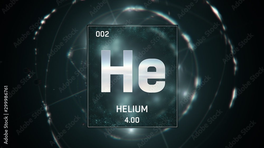 3D illustration of Helium as Element 2 of the Periodic Table. Green ...