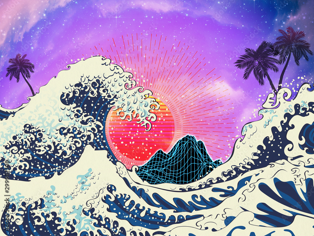 Retro big waves and palms Stock Illustration | Adobe Stock