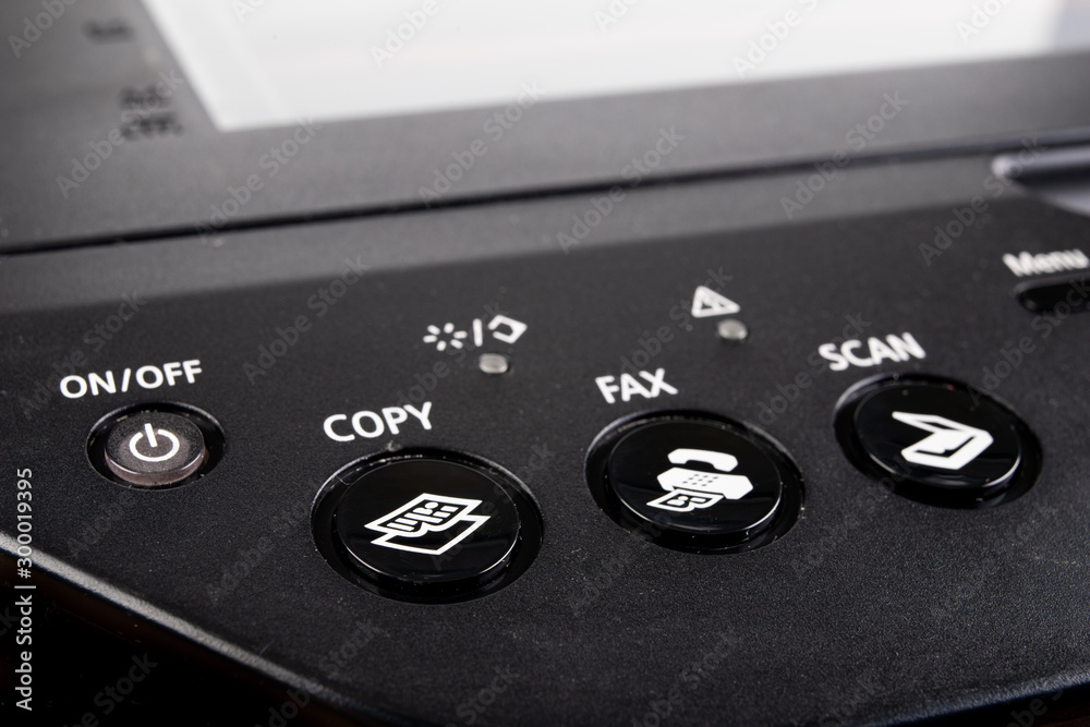 Control buttons on the printer. Control panel in photocopier. Stock ...