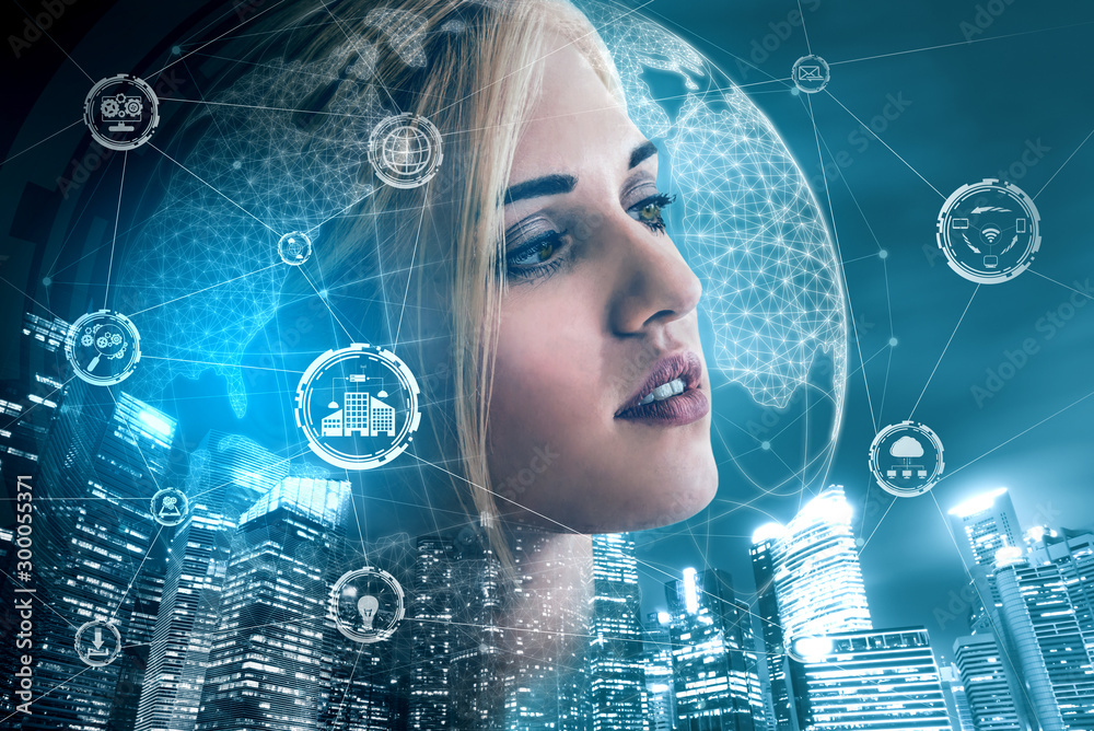 Smart city wireless communication network with graphic showing concept ...