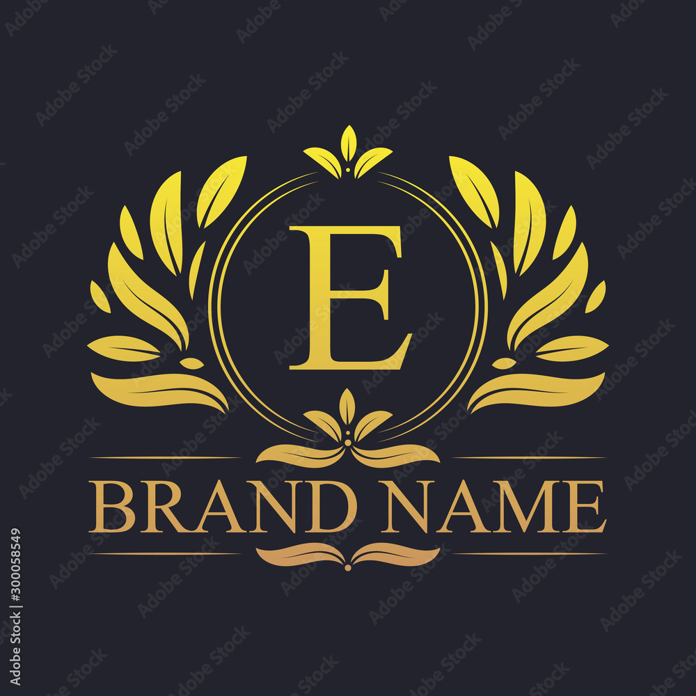 Golden ornamental alphabet E letter logo design. Luxurious golden ...