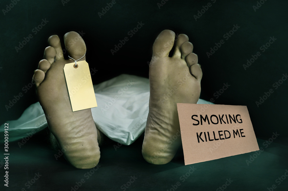 Plakat Anti tobacco campaign . dead body at morgue with blank identity ...