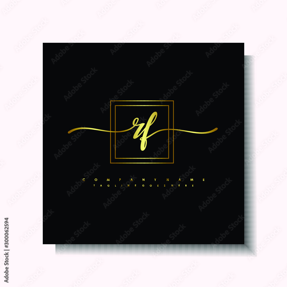 Letter handwriting R, RF in the box line gold colored, black background ...