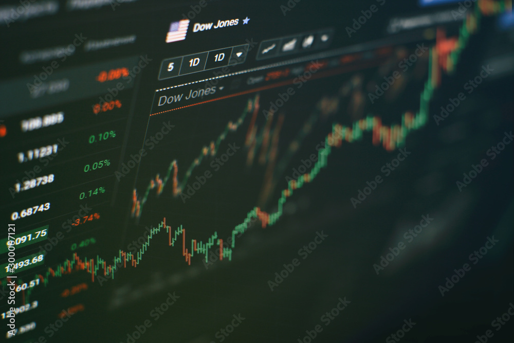 Trading graphs and digital number on monitor. Background of gold and ...