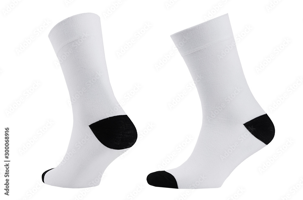 Blank white cotton long sock with black heel on invisible foot isolated ...