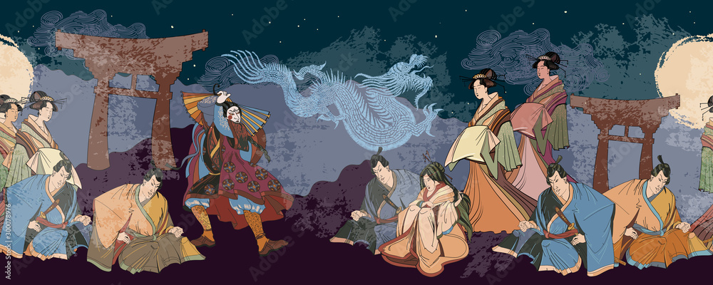 Japanese horizontal seamless pattern. Kabuki actors. Medieval Japan ...