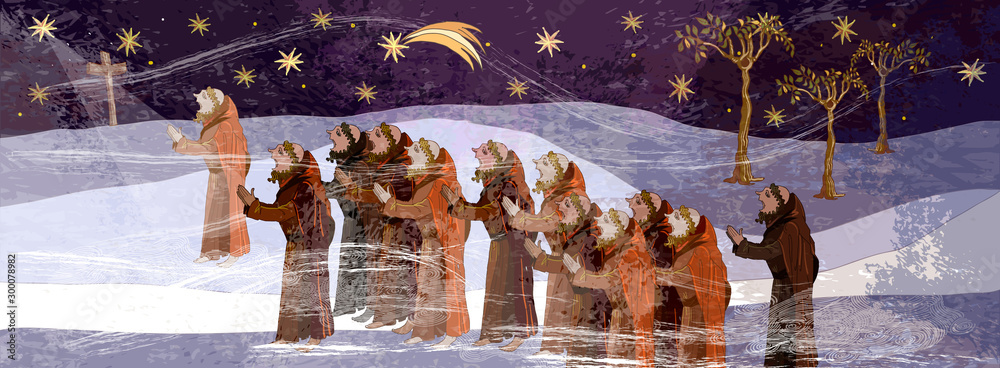 Medieval scene. Monks pray for a miracle. Cold winter of the Middle ...