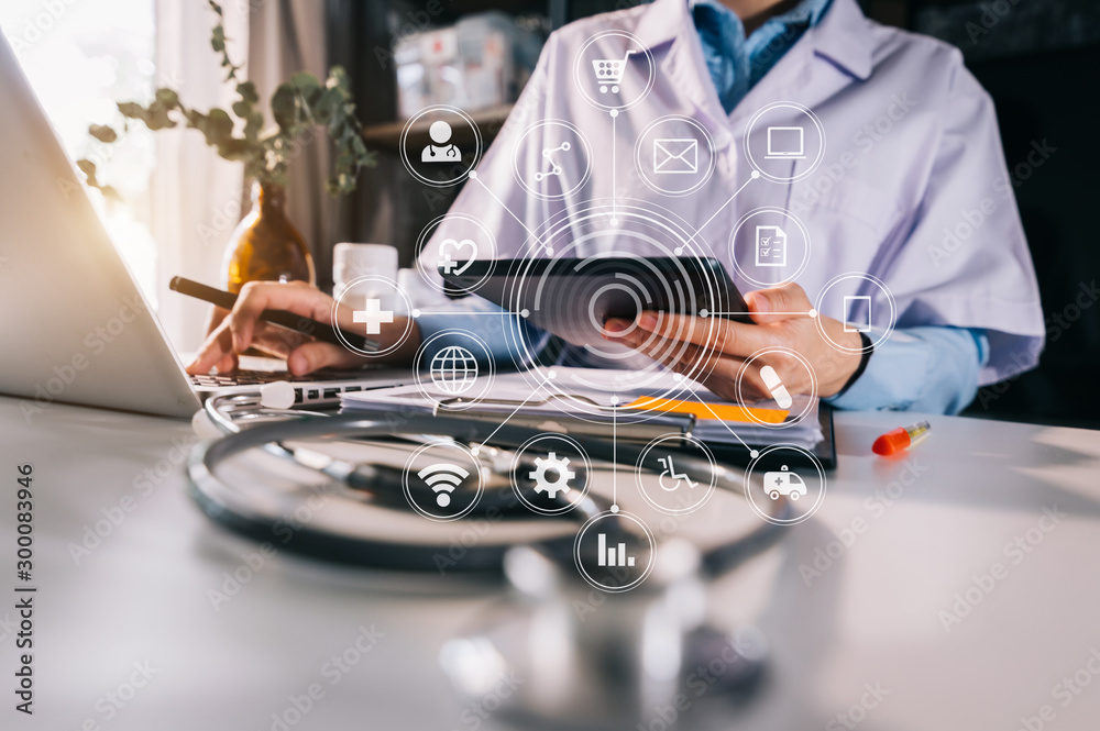 medical technology concept,smart doctor hand working with modern laptop ...