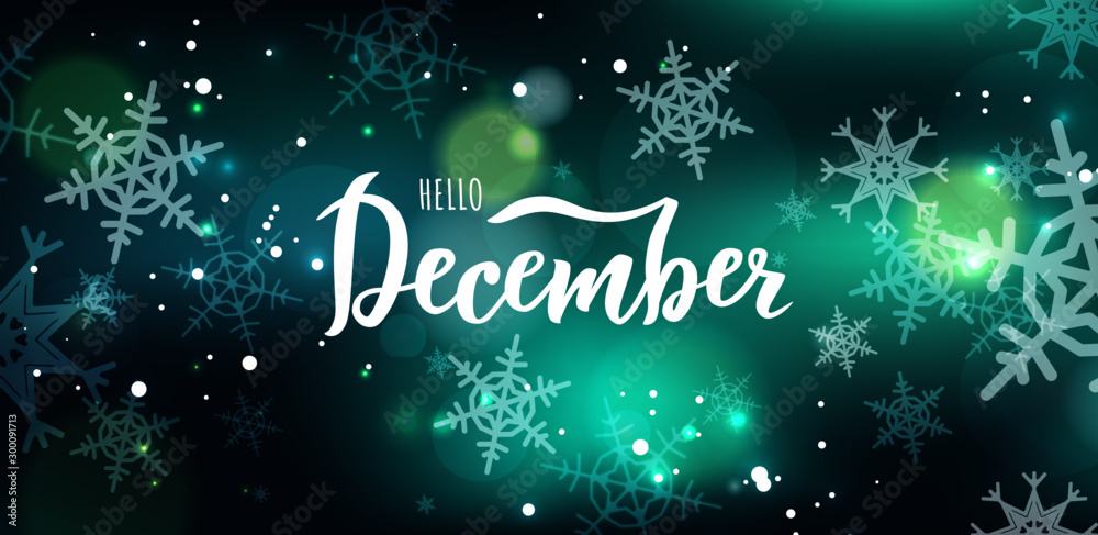 December word. Hand lettering typography with snowflakes. Vector ...