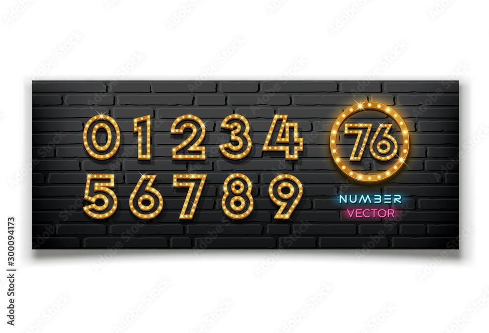 Vector light up lamp numbers collection on block wall black background ...