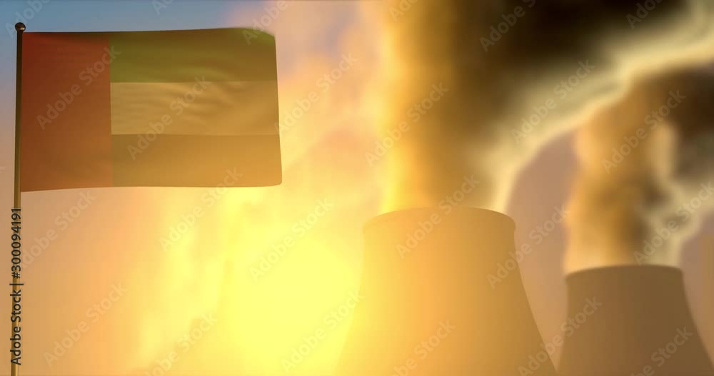 United Arab Emirates flag wave on smoking factory pipes background on ...