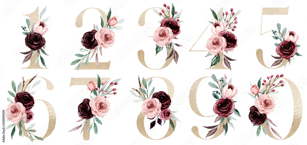 Gold numbers set with watercolor flowers roses and leaf. Perfectly for ...