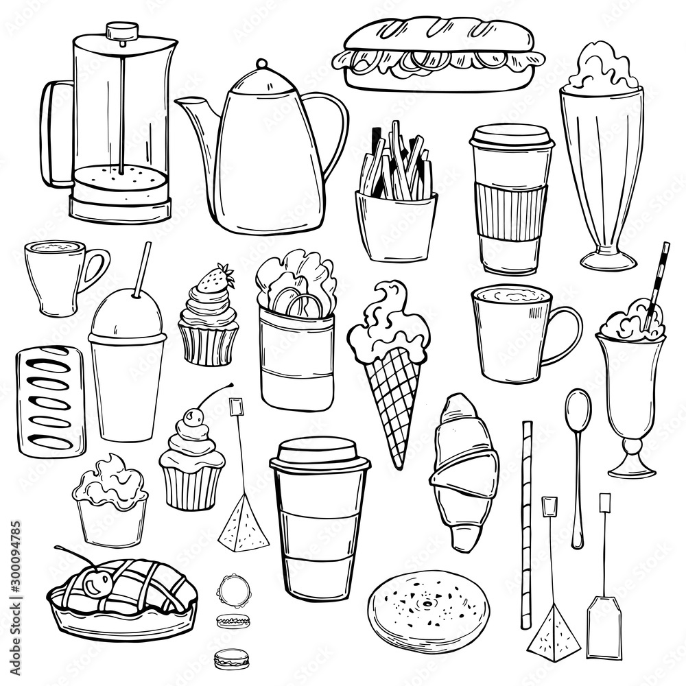 Hand drawn coffee shop food set. Vector sketch illustration. Stock ...