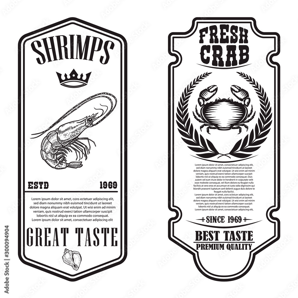 Set of seafood flyers with shrimp and crab illustrations. Design ...