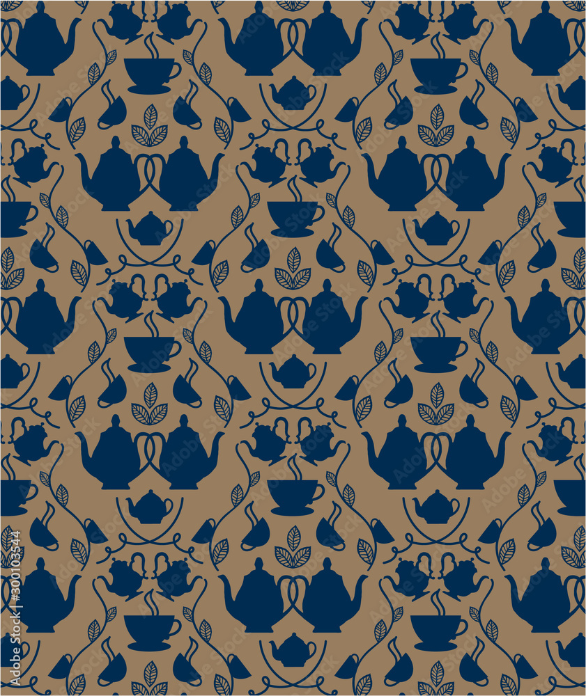 Tea pattern background. Teapot and cup seamless ornament. Tea packaging ...