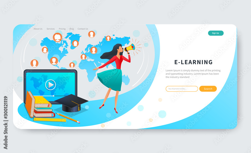 Online education, courses, e-learning web banner, woman with megaphone ...