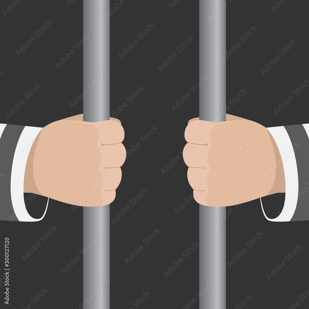 Man in striped uniform holding jail bars. Cartoon. Vector illustration ...