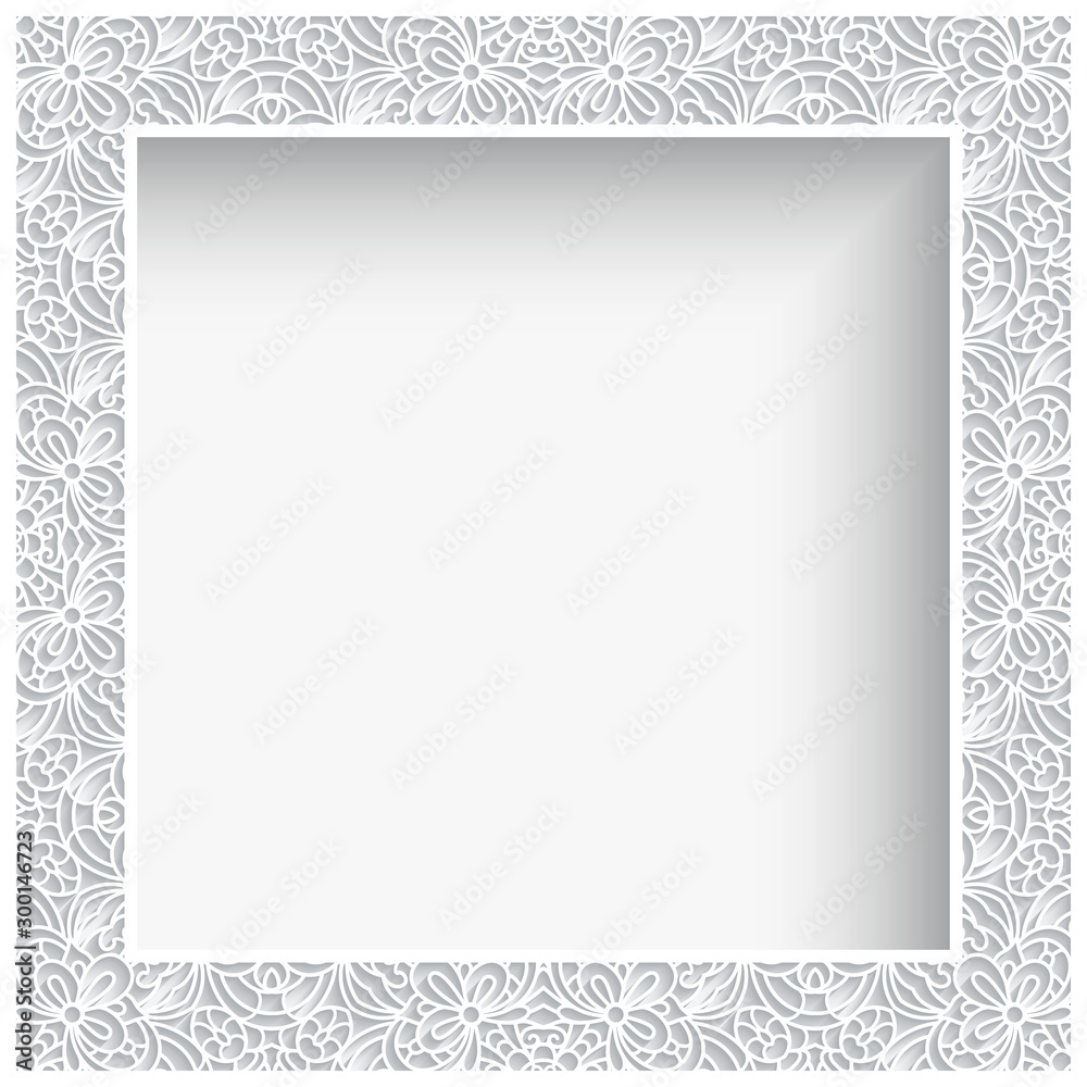 Square frame with white lace border pattern, cutout paper decoration ...