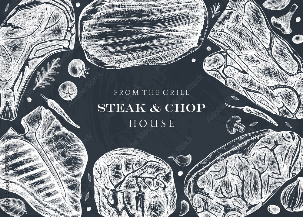 Raw beef steaks vector menu template. Meat top view frame. Hand drawn ...