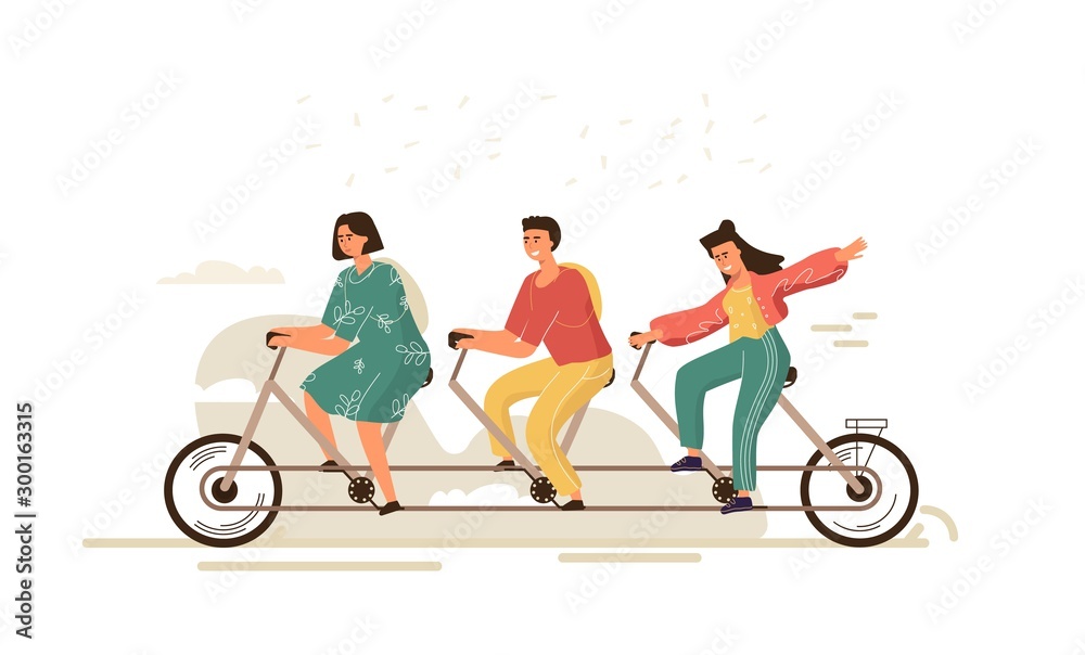 Team work bike. Cartoon businessman characters on three-person bike ...