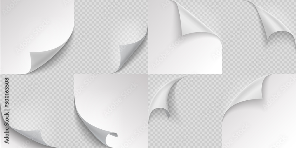 Curled page corners. Flipped and turning paper leaf set on transparent ...