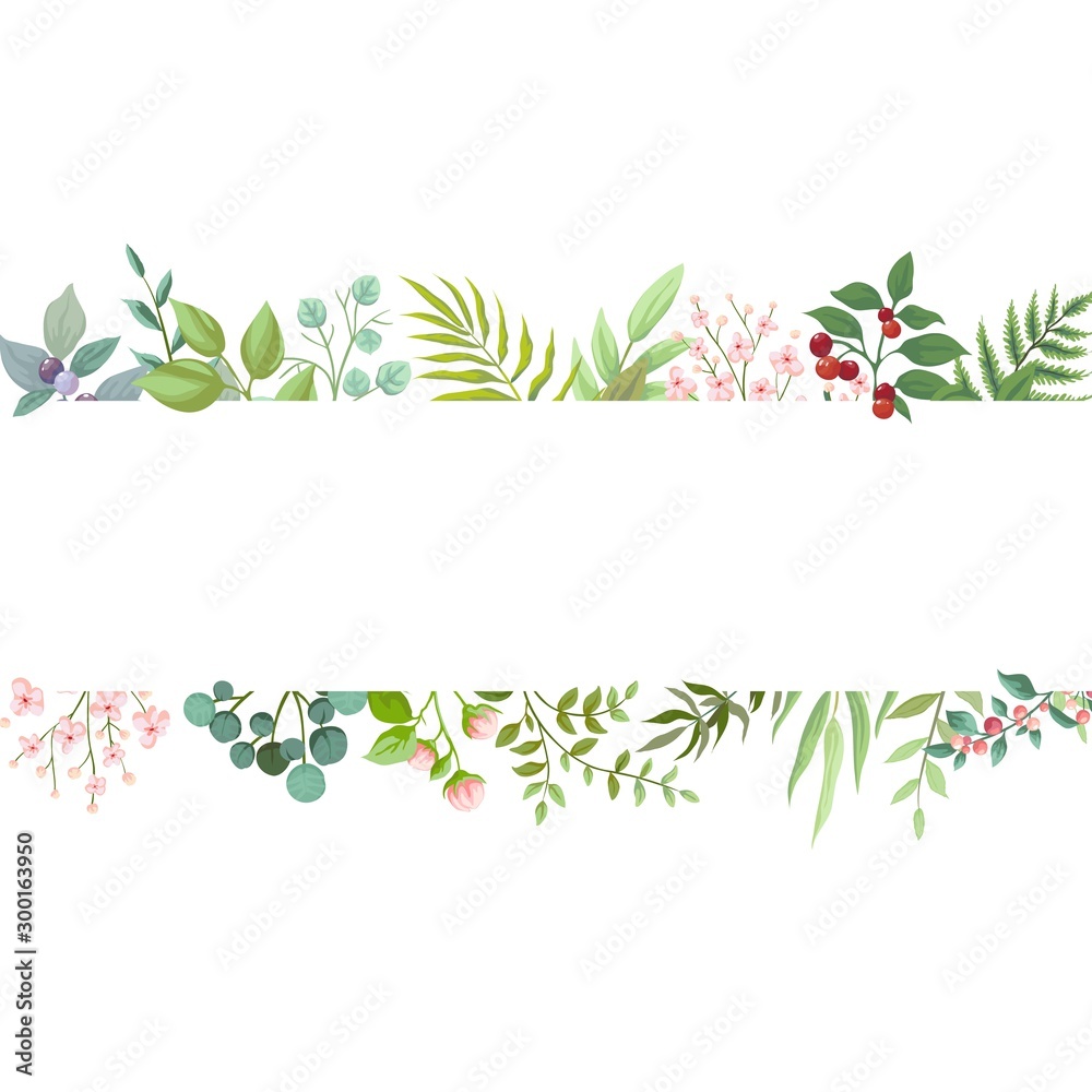 Vector floral greenery card design. Wedding invite poster with rustic ...