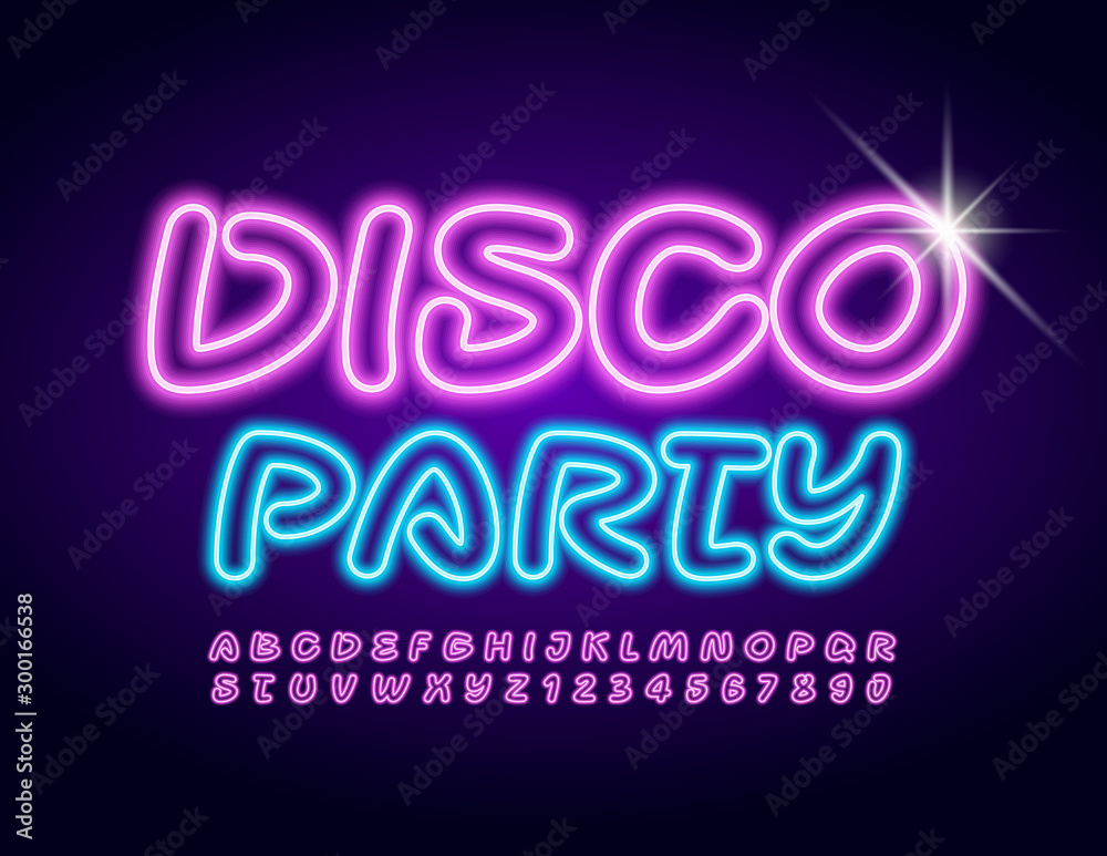Vector glowing poster Disco Party. Neon Uppercase Font. Handwritten ...