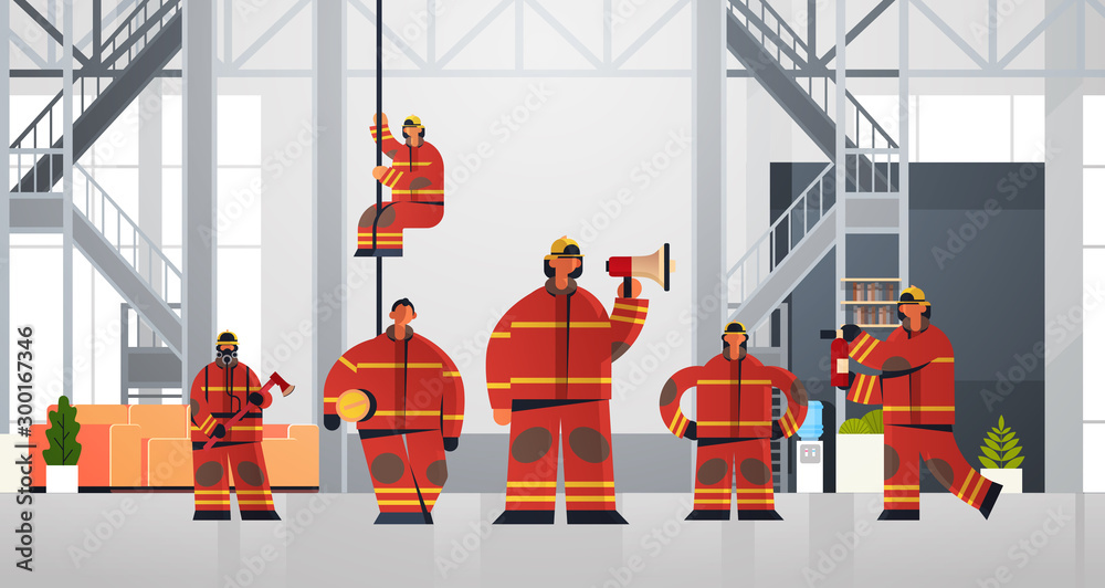 firemen team standing together firefighters wearing uniform and helmet ...
