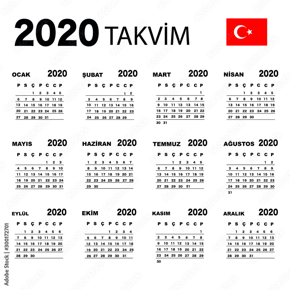 Turkish calendar 2020 with simple black numbers, week starts on Monday ...