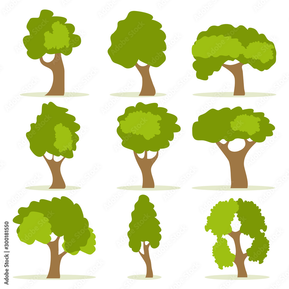 Set of green trees with shadow. Set of nine trees isolated on a white ...