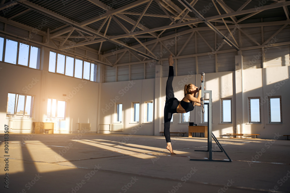 Charming young female acrobat practicing in gymnasium, doing splits in ...