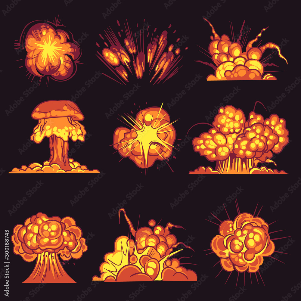 Cartoon explosions. Bomb explosion, fire bang with smoke effect ...