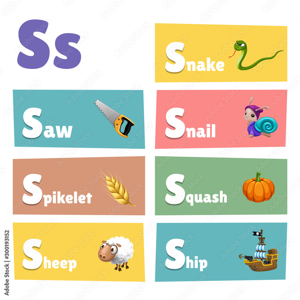 Letter S with objects and words with S Stock Vector | Adobe Stock