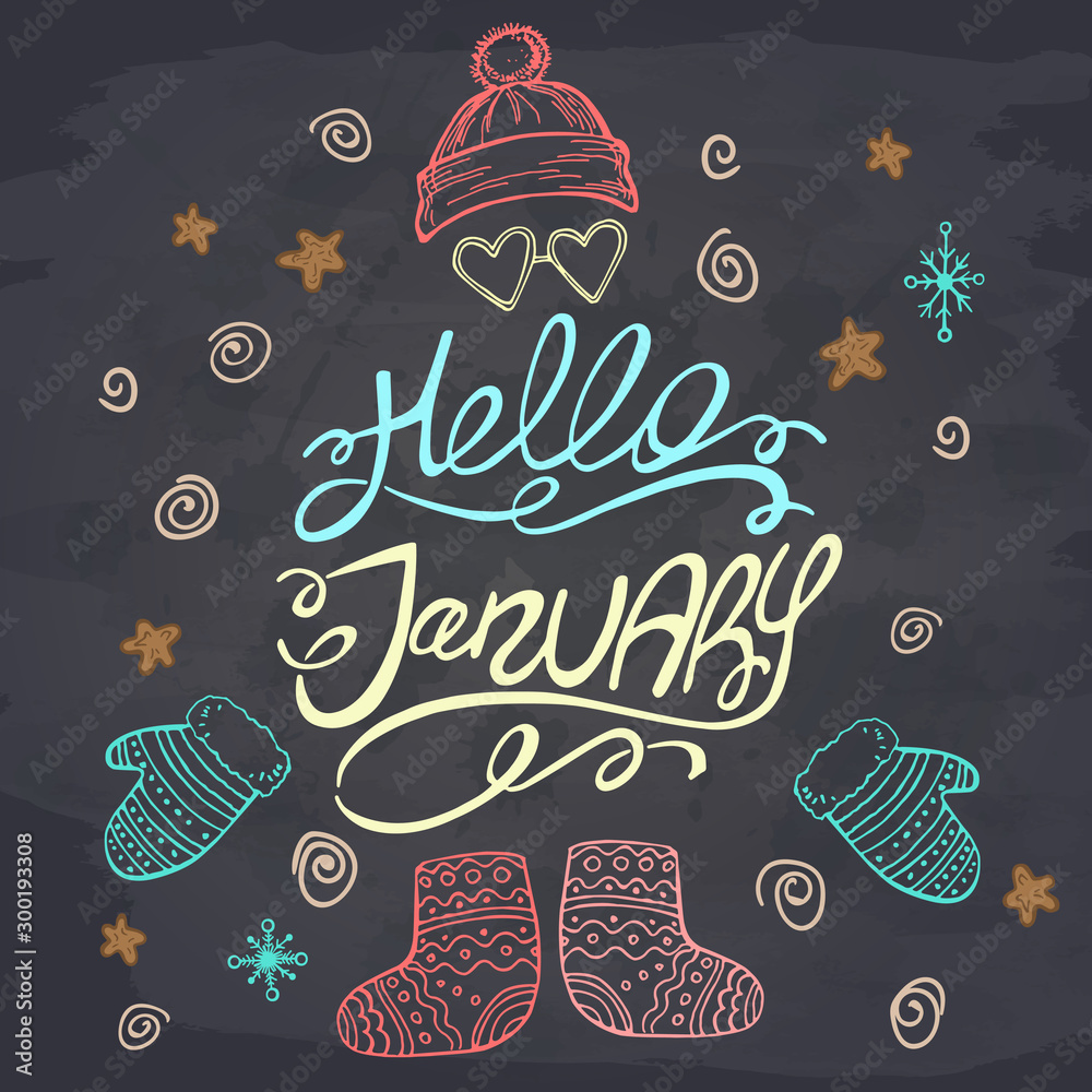 Hello january text on a chalkboard. Hand drawn lettering. Template for ...