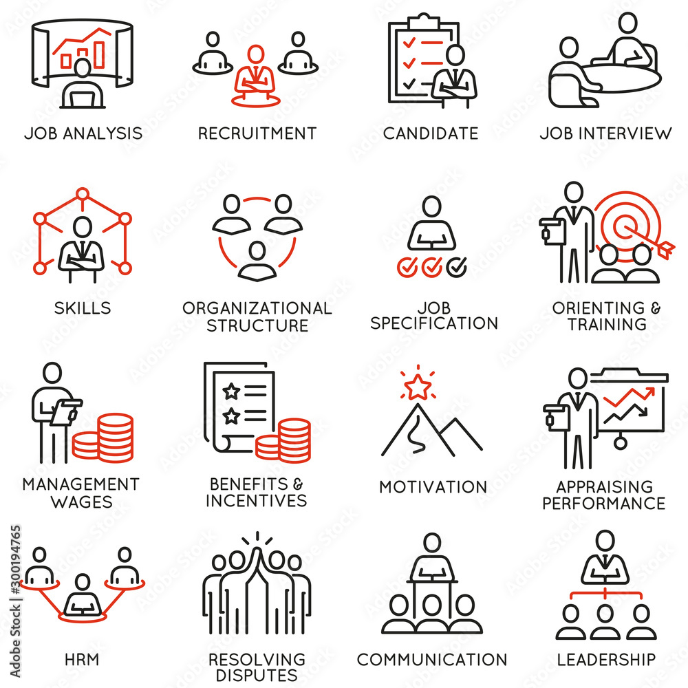 Vector set of linear icons related to engagement employee, recruitment ...