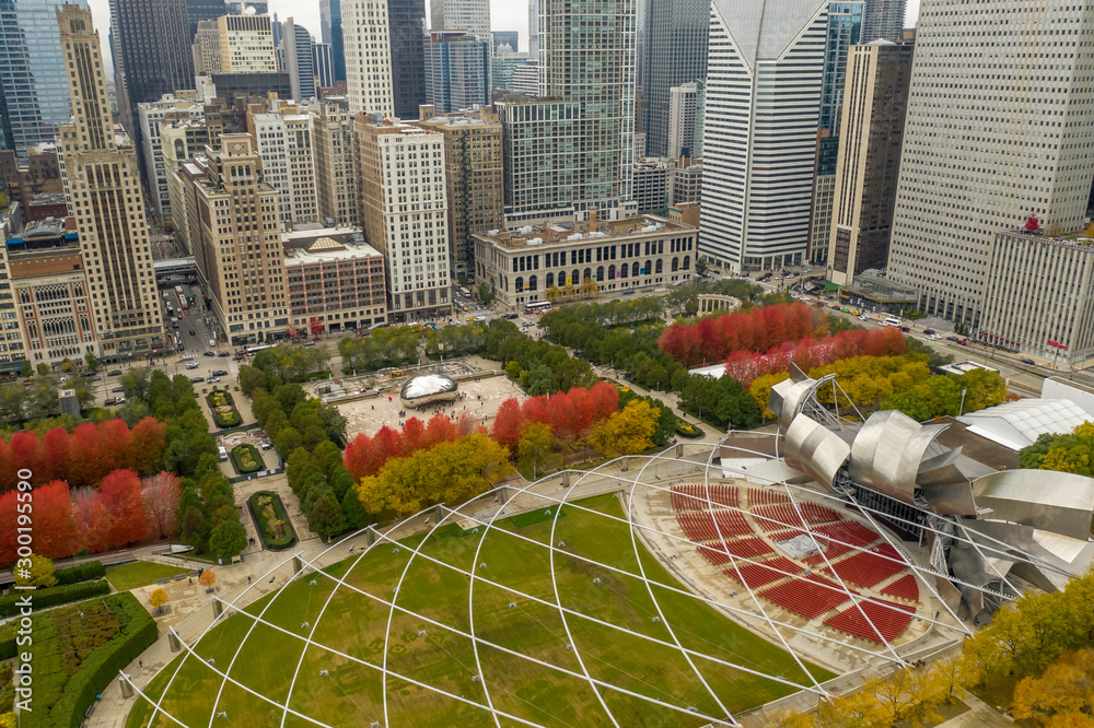 Chicago downtown buildings skyline fall foliage aerial drone Stock ...