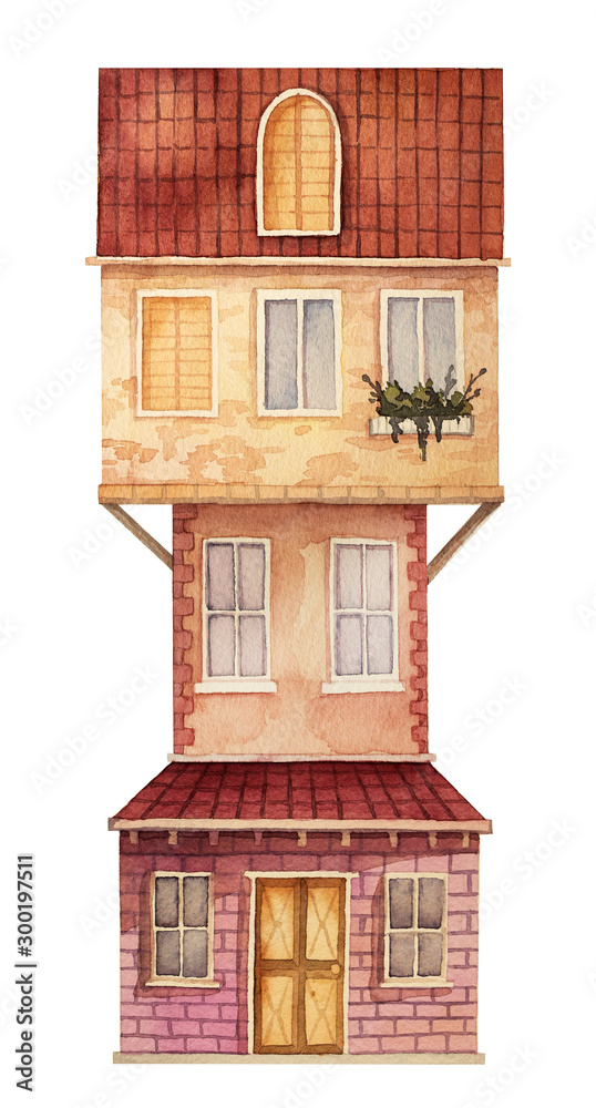 Watercolor hand drawn cartoon tall house Stock Illustration | Adobe Stock