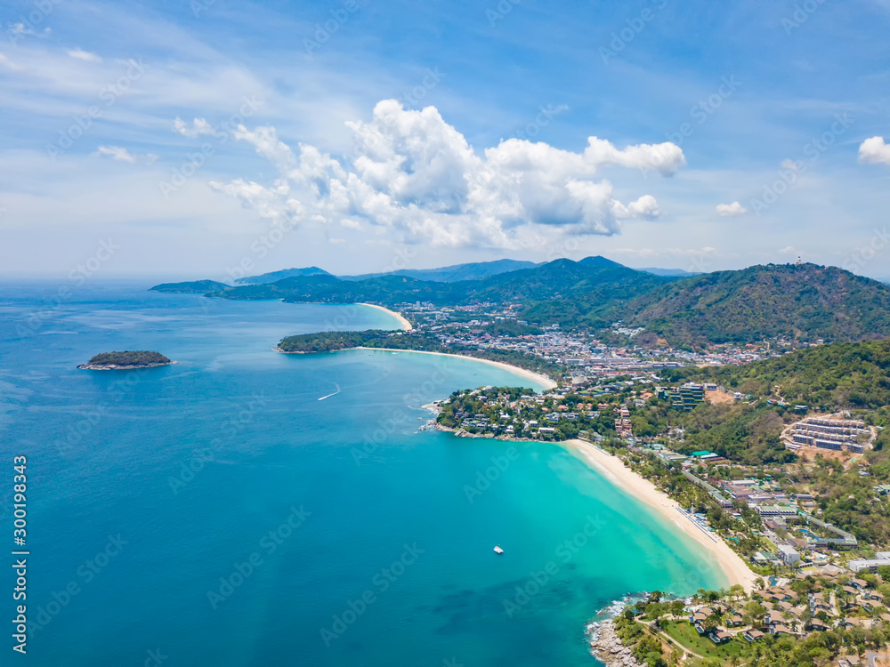 Aerial view of Patong beach with blue turquoise seawater, mountain ...