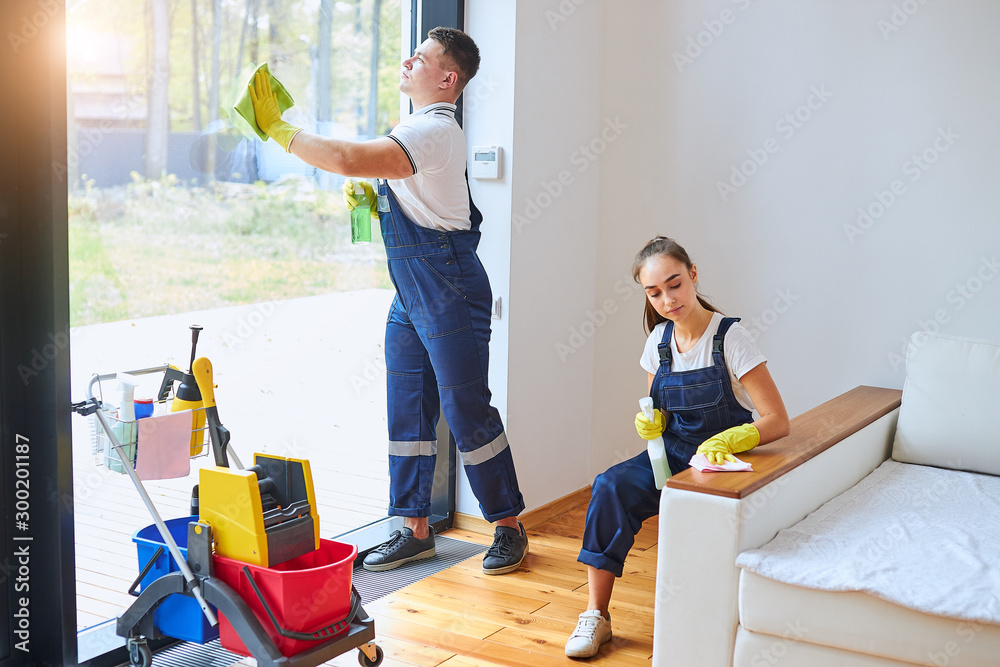 Team of two cleaners effectively cleaning house together, wearing blue ...